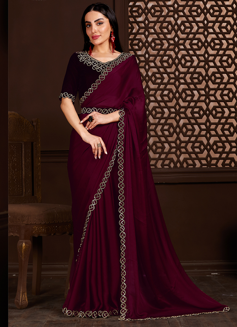 Buy Satin Chiffon Wine Traditional Wear Cut Work Saree Online From ...