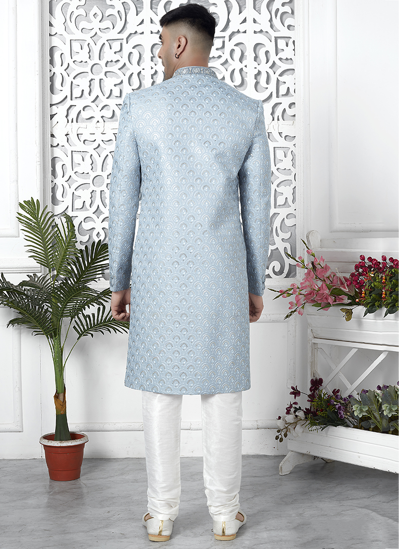 Buy Art Silk Blue Wedding Wear Computer Thread Work Mens Sherwani ...