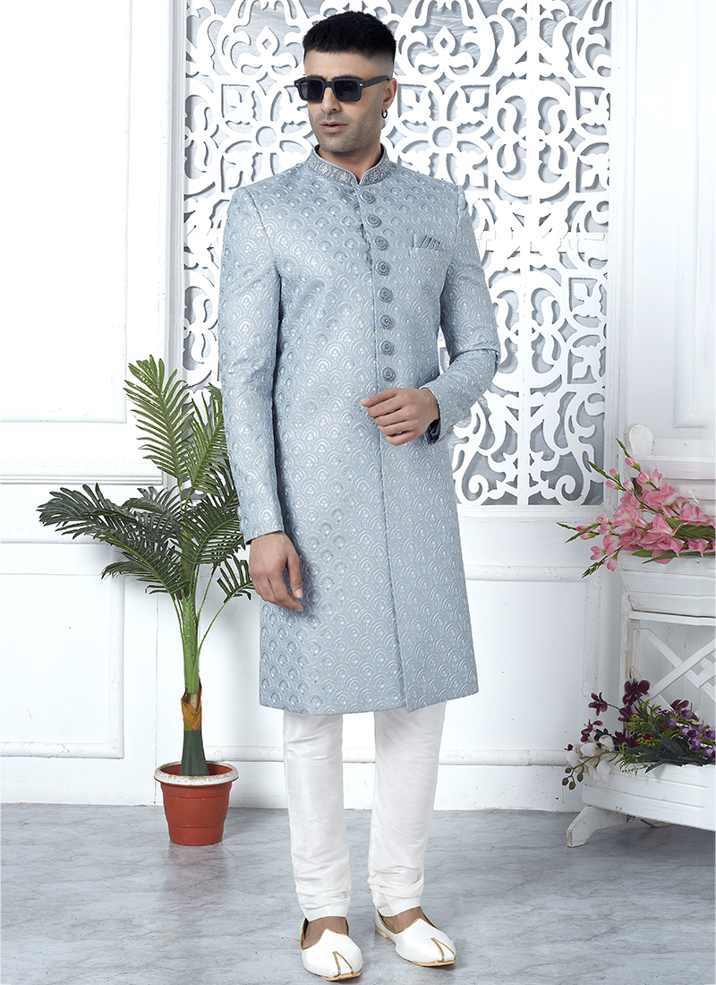 Buy Art Silk Blue Wedding Wear Computer Thread Work Mens Sherwani ...