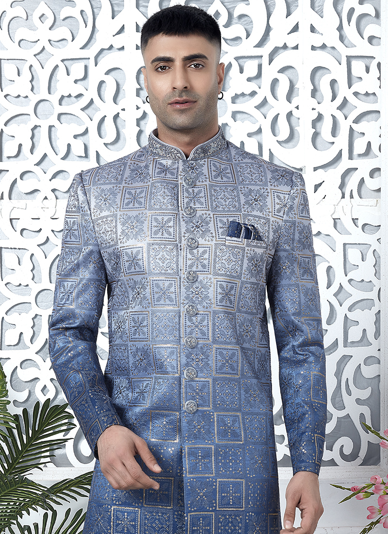 Buy Art Silk Shaded Blue Wedding Wear Computer Thread Work Mens ...