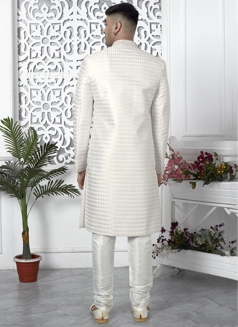 Buy Art Silk Cream Wedding Wear Computer Thread Work Mens Sherwani ...