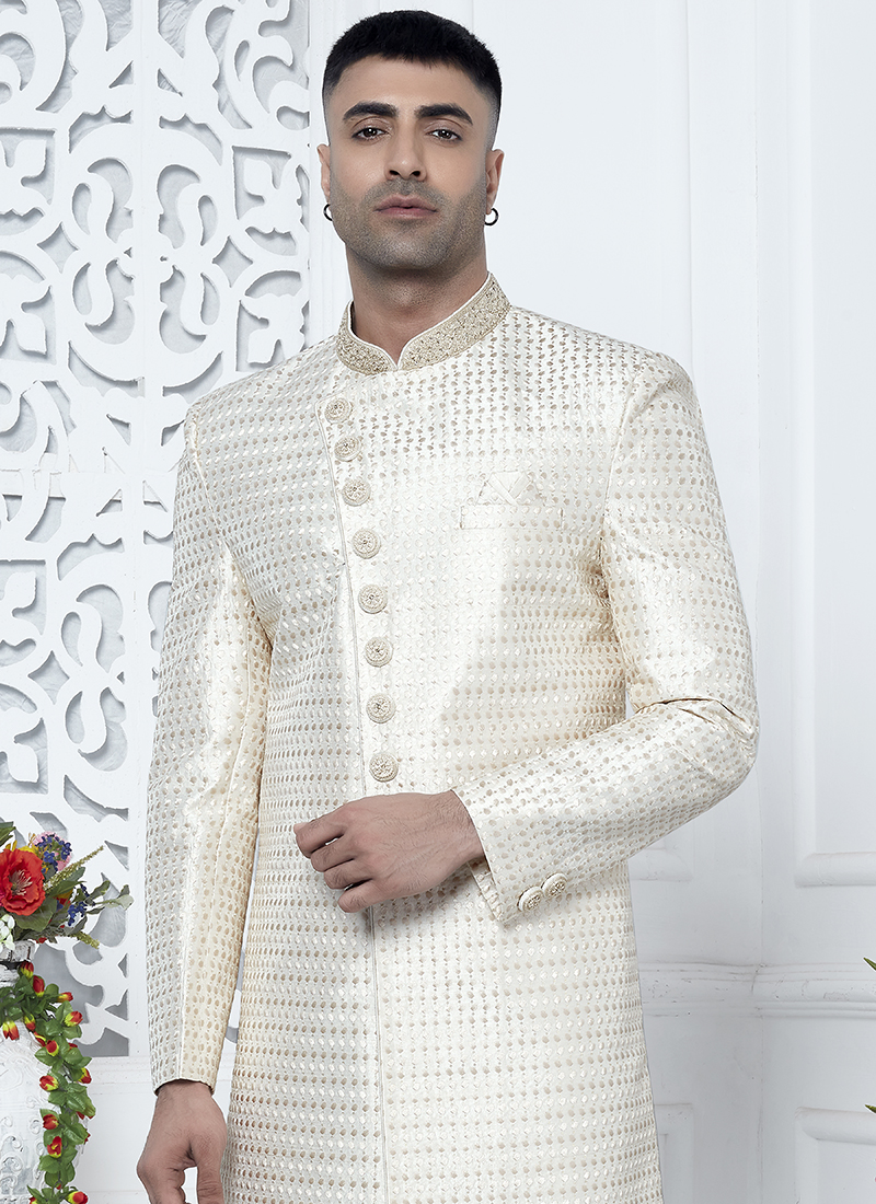 Buy Art Silk Cream Wedding Wear Computer Thread Work Mens Sherwani ...
