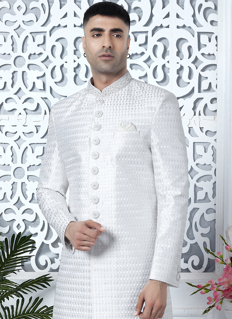 Buy Art Silk Off Whie Wedding Wear Computer Thread Work Mens Sherwani ...