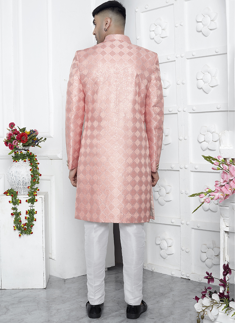 Buy Art Silk Peach Wedding Wear Computer Thread Work Mens Sherwani ...