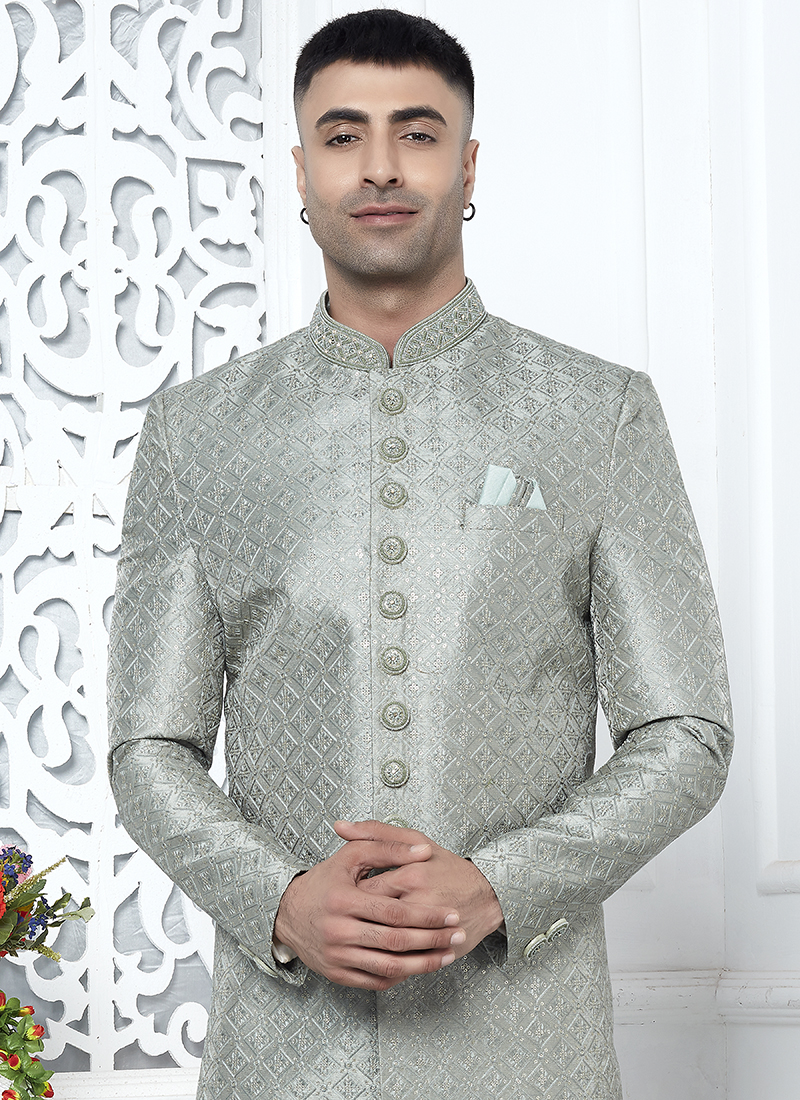 Buy Art Silk Pista Green Wedding Wear Computer Thread Work Mens ...