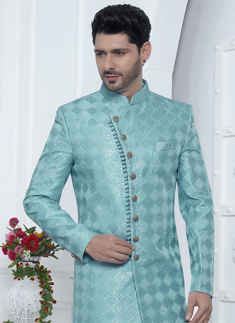 Buy Art Silk Sky Blue Wedding Wear Computer Thread Work Mens Sherwani ...