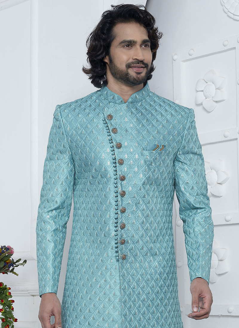 Buy Art Silk Sky Blue Wedding Wear Computer Thread Work Mens Sherwani ...