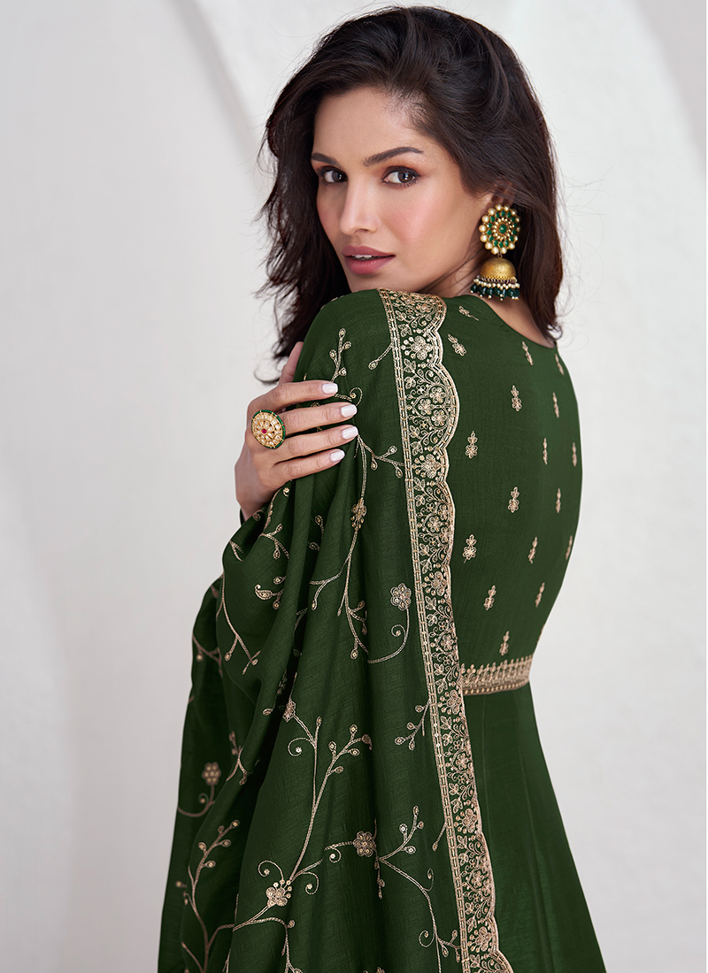 Buy Premium Silk Mehendi Green Party Wear Embroidery Work Readymade ...