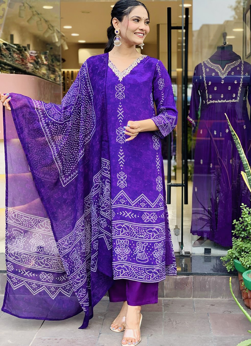 Buy Muslin Purple Traditional Wear Printed Readymade Straight Suit ...
