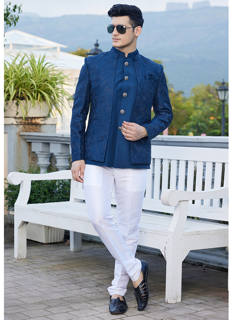 Buy Art Silk Blue Wedding Wear Thread Work Readymade Jodhpuri Suit(Top ...
