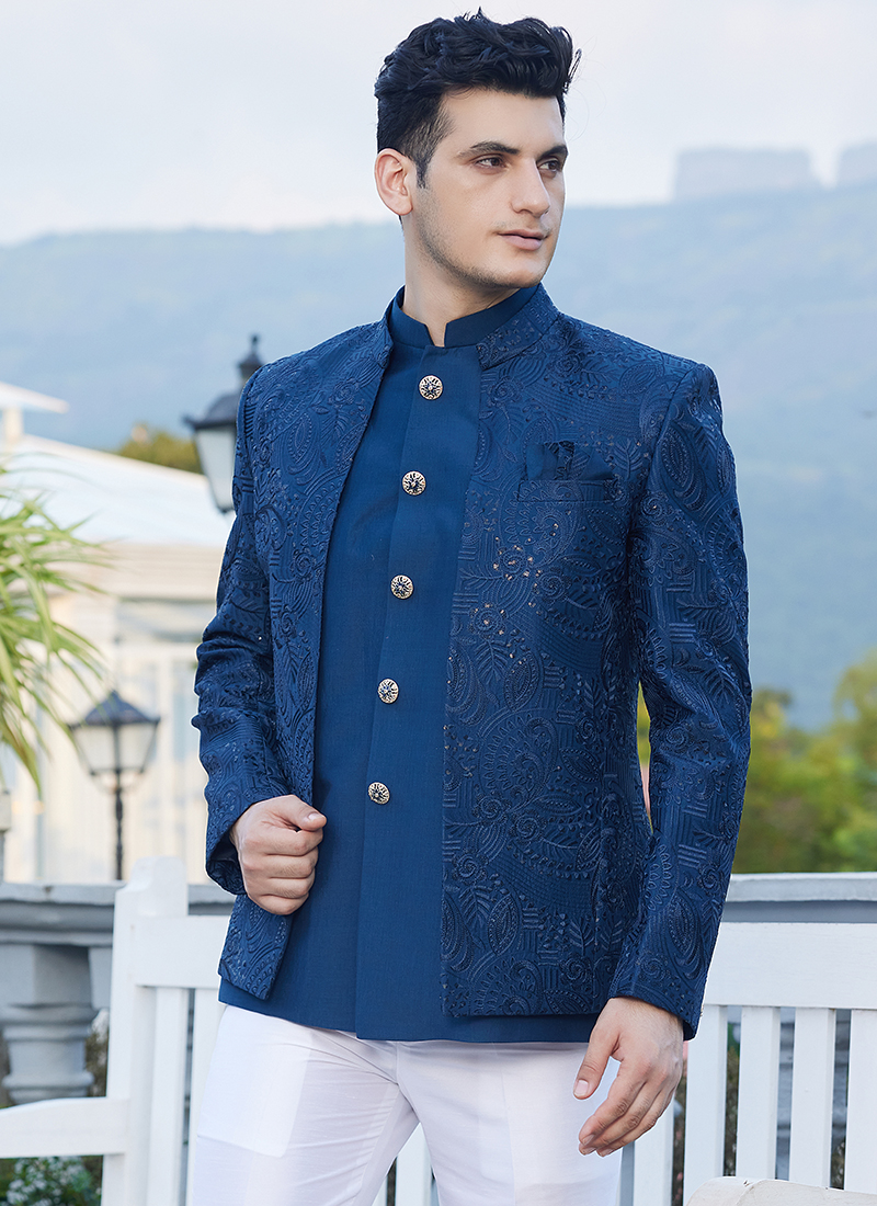 Buy Art Silk Blue Wedding Wear Thread Work Readymade Jodhpuri Suit(Top ...
