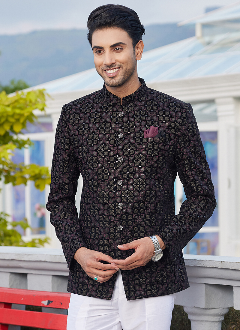 Buy Art Silk Black Wedding Wear Thread Work Readymade Jodhpuri Suit(Top ...