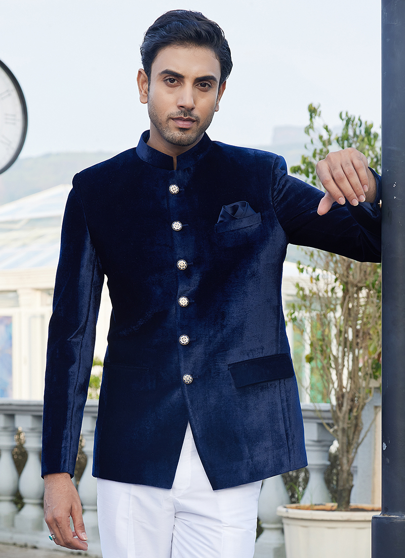 Buy Velvet Blue Party Wear Thread Work Readymade Jodhpuri Suit(Top Only ...