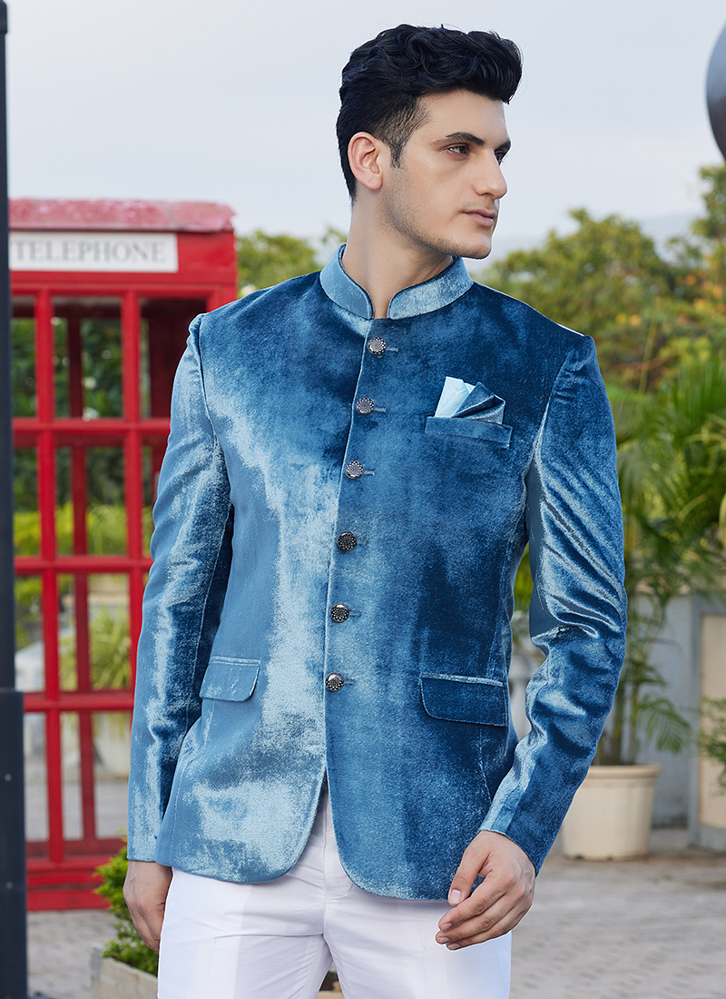 Buy Velvet Teal Blue Party Wear Thread Work Readymade Jodhpuri Suit(Top ...