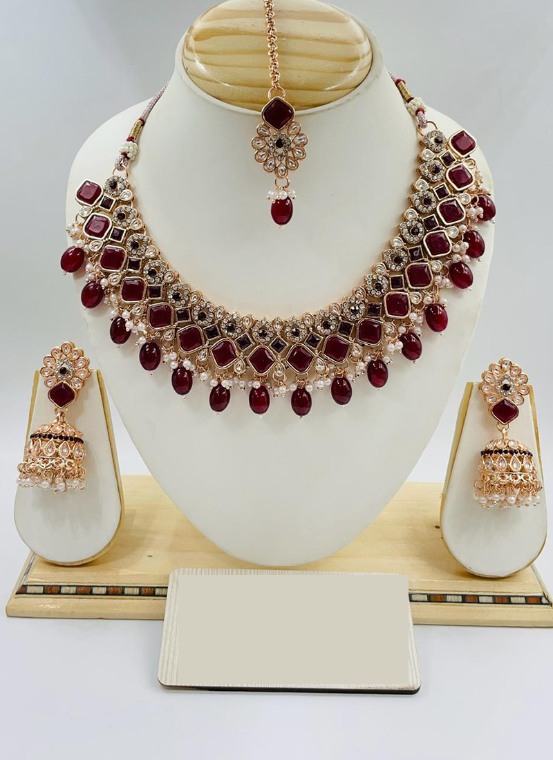Buy Traditional Wear Maroon Diamond Pearl Necklace Set Online From ...