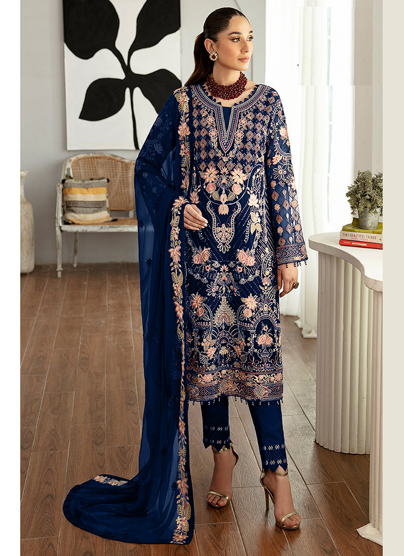 Buy Heavy Faux Georgette Royal Blue Ramzan Wear Embroidery Work ...