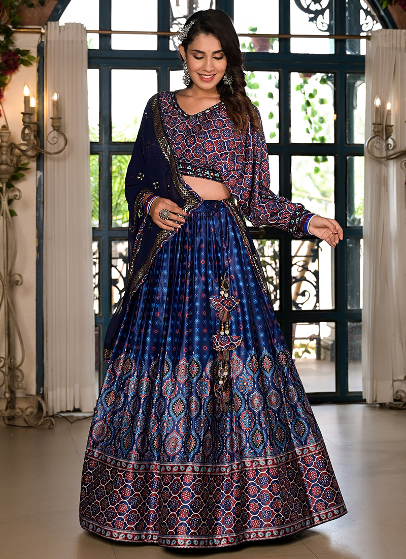 Buy Dull Sattin Blue Wedding Wear Digital Printed Readymade Lehenga ...