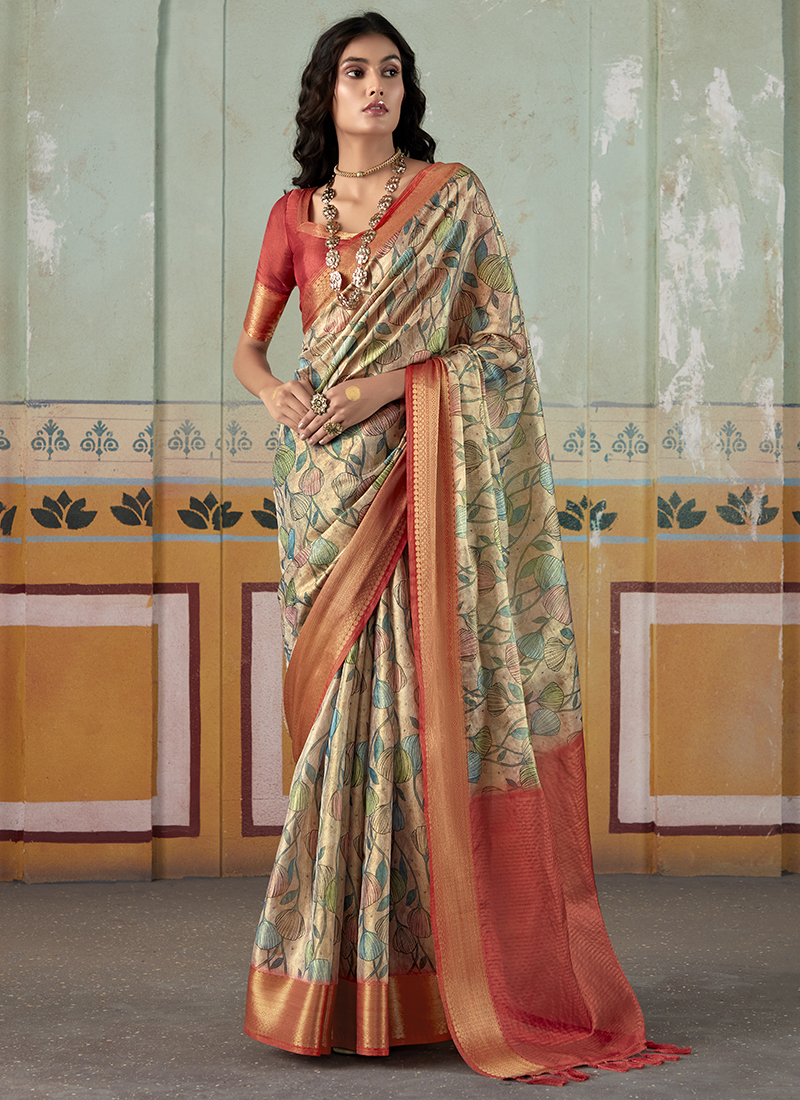 Buy Multi Color Tissue Silk Wedding Wear Digital Printed Saree Online ...