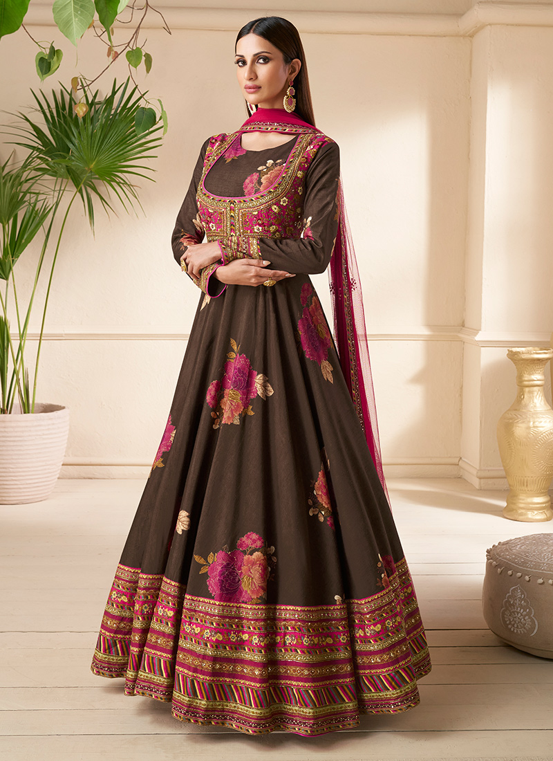 Buy Dark brown Georgette Bridal Wear Embroidery Work Readymade Gown ...
