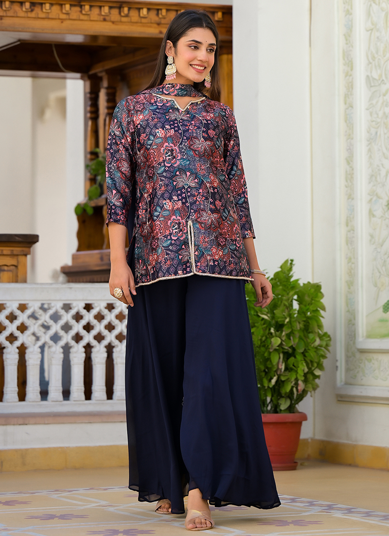 Buy Dull Satin Navy Blue Festival Wear Digital Floral Printed Readymade ...