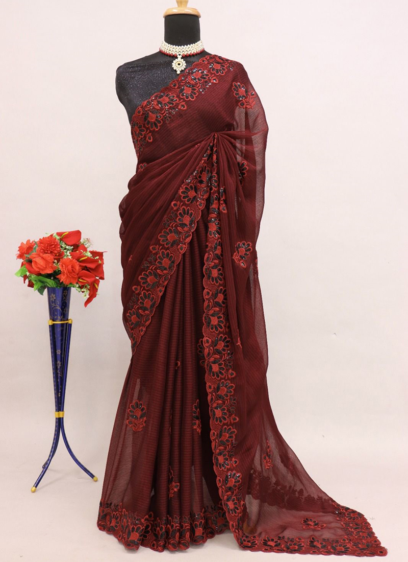 Buy Chiffon Maroon Wedding Wear Embroidery Work Saree Online From ...