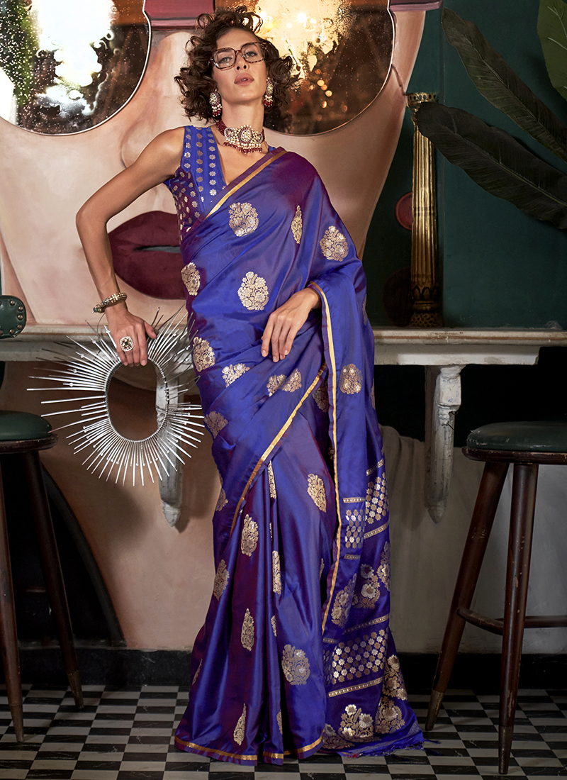 Buy Pure Sattin Royal Blue Party Wear Weaving Saree Online From ...