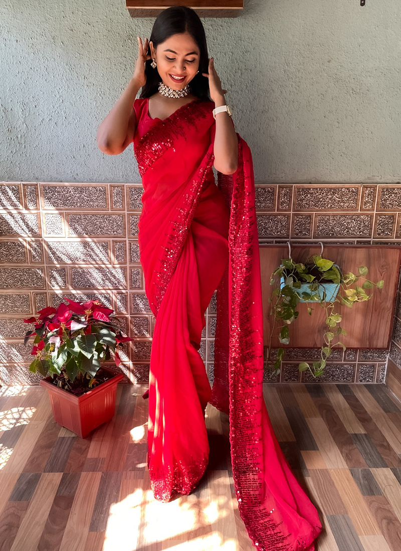 Buy Georgette Red Party Wear Sequence Work Saree Online From Wholesale ...