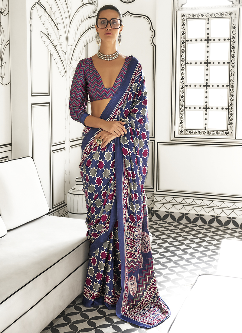 Buy Satin Crape Blue Casual Wear Ajarkh Digital Print Saree Online From ...