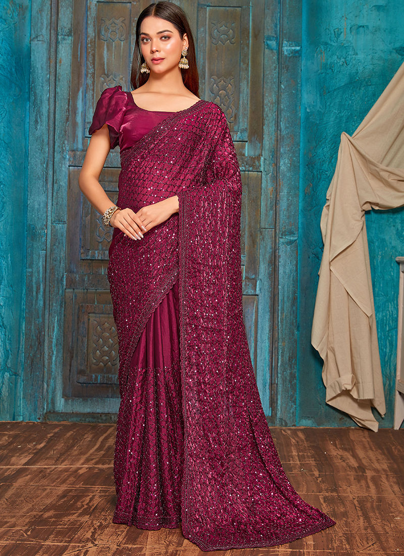 Buy Pure Silk Maroon Wedding Wear Sequinned Saree Online From Wholesale ...