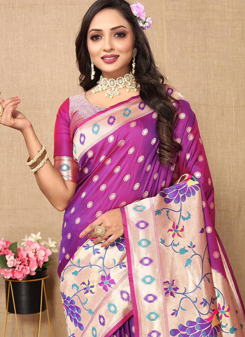 Buy Silk Violet Traditional Wear Paithani Saree Online From Wholesale ...