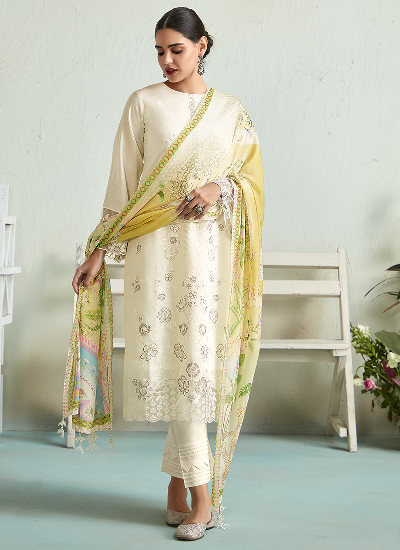 Buy Pure Muslin Cream Traditional Wear Embroidery Work Salwaar Suit ...