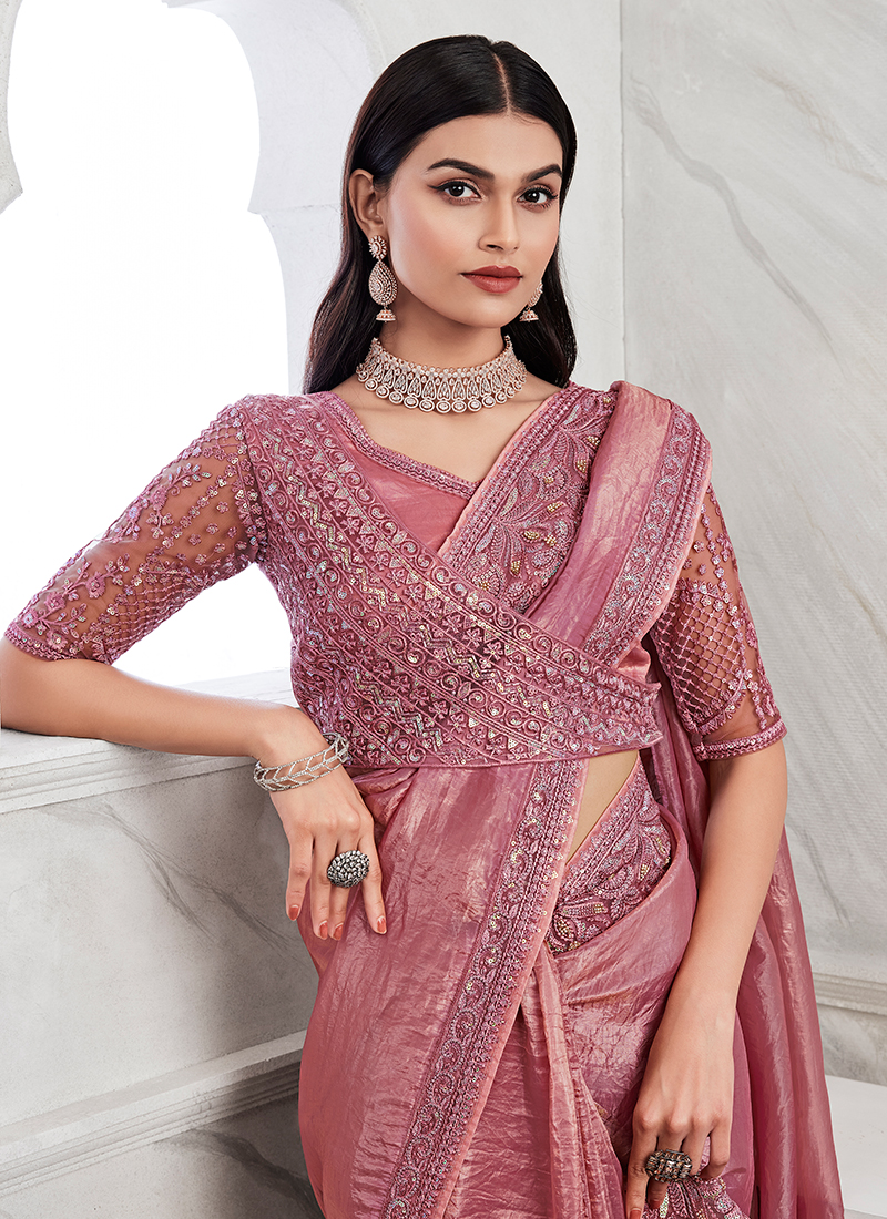 Buy Sim-sim Silk Pink Party Wear Embroidery Work Saree Online From ...