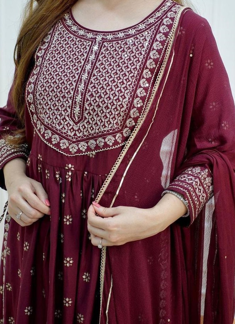 Buy Rayon Maroon Traditional Wear Embroidery Work Readymade Kurti With ...