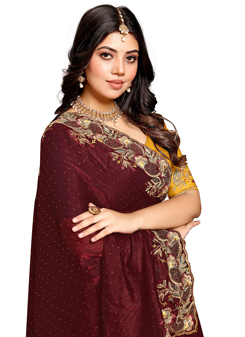 Buy Tom Satin Silk Mroon Traditional Wear Jari Work Saree Online From ...