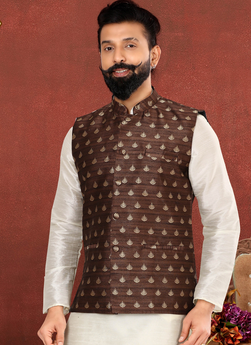 Buy Jacquard Silk Brown Festival Wear Embroidery Work Readymade Men's ...