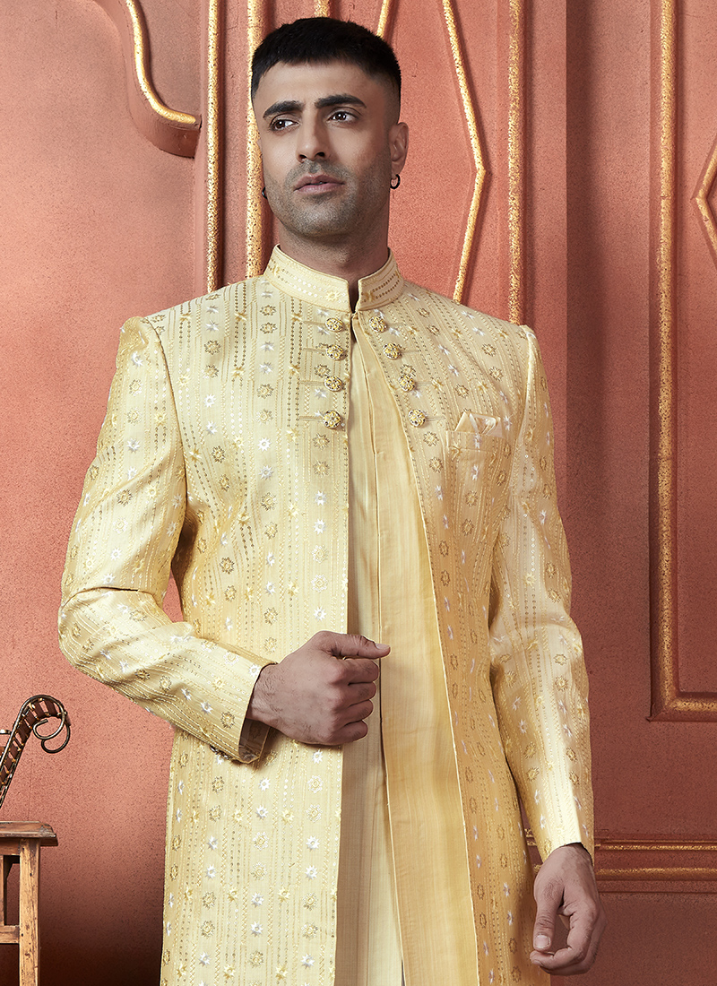 Buy Silk Yellow Wedding Wear Computer Thread Readymade Sherwani Set ...