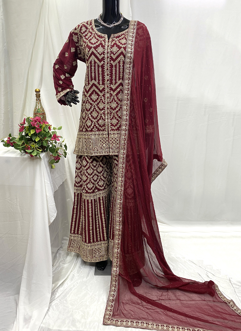 Buy Chiffon Maroon Traditional Wear Hand Work Readymade Heeramandi ...