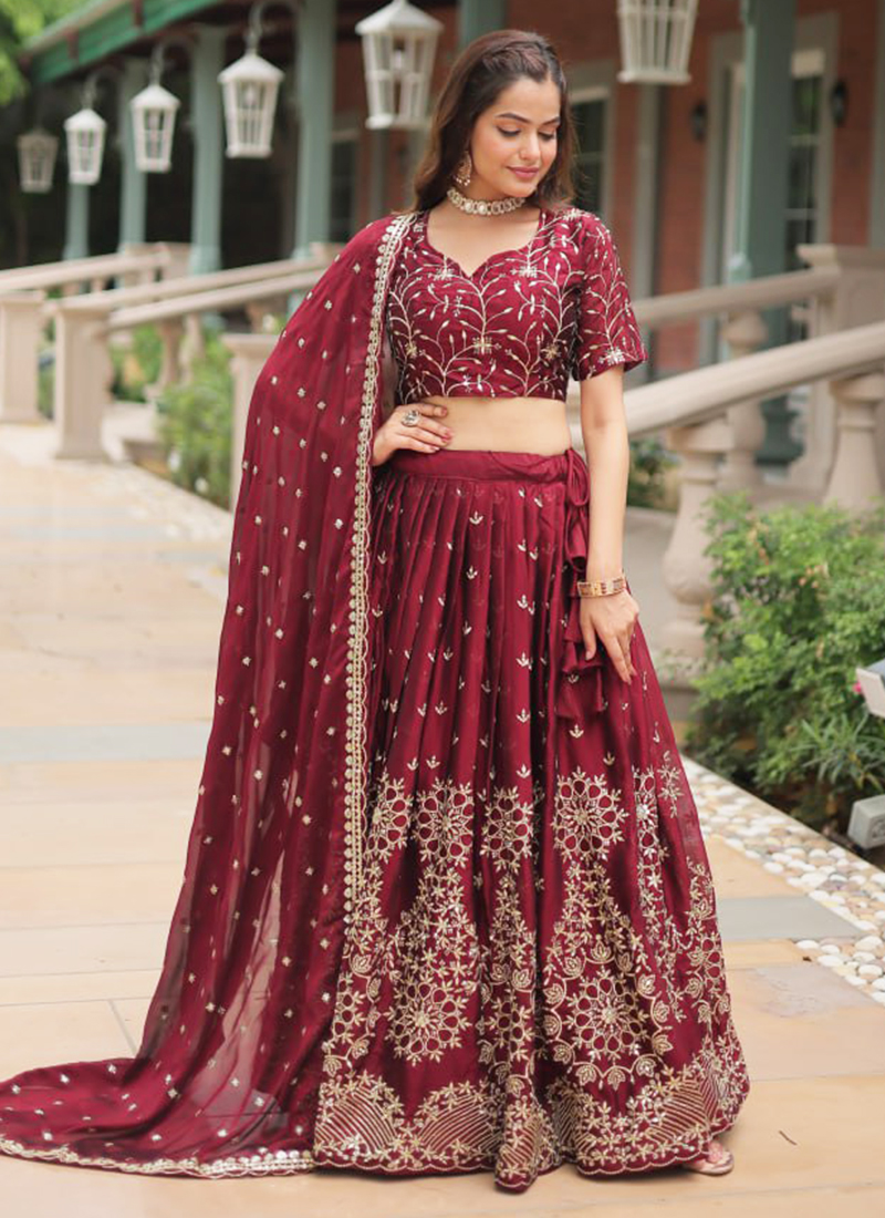 Buy Rangoli Silk Maroon Wedding Wear Thread Work Readymade Lehenga ...