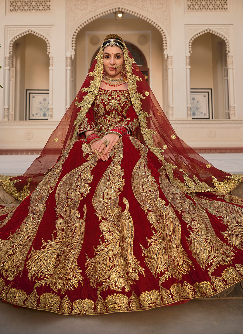 Buy Velvet Red Bridal Wear Dori Work Lehenga Choli Online From ...
