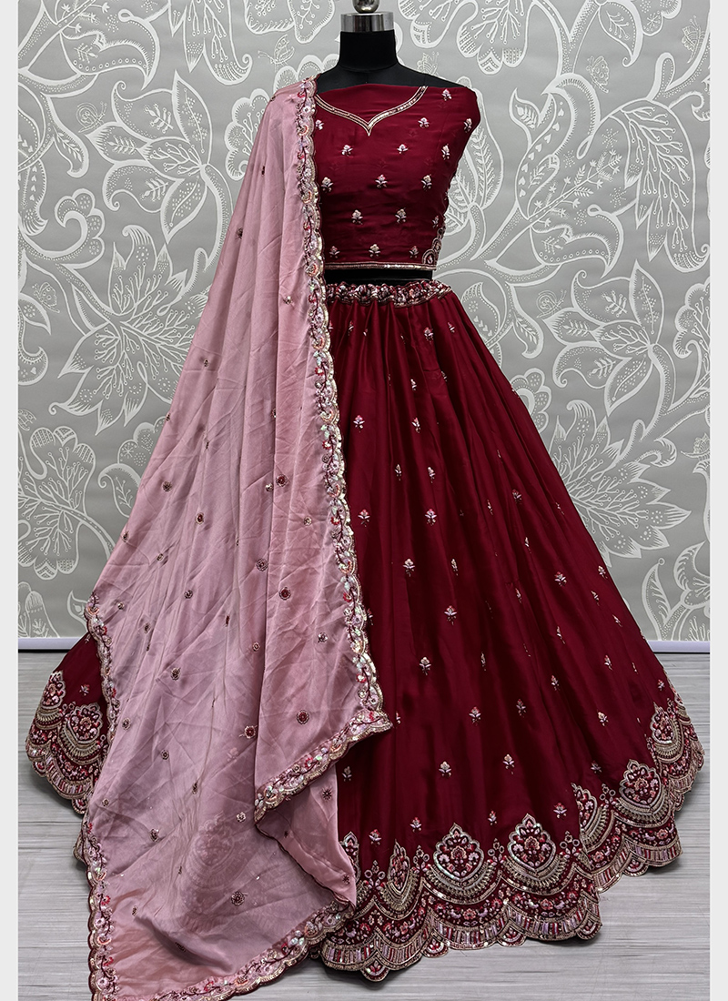 Buy Silk Dark Rani Wedding Wear Embroidery Work Lehenga Choli Online ...