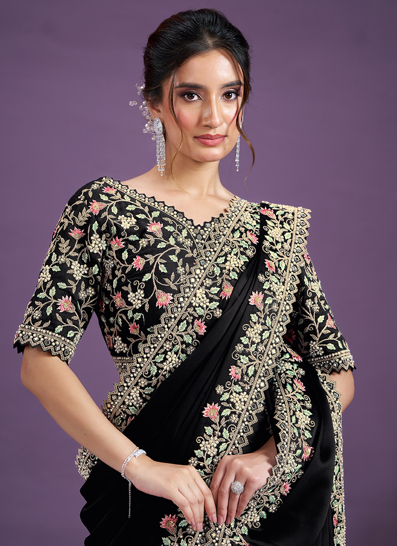 Buy Satin Silk Black Wedding Wear Mirror Work Saree Online From ...