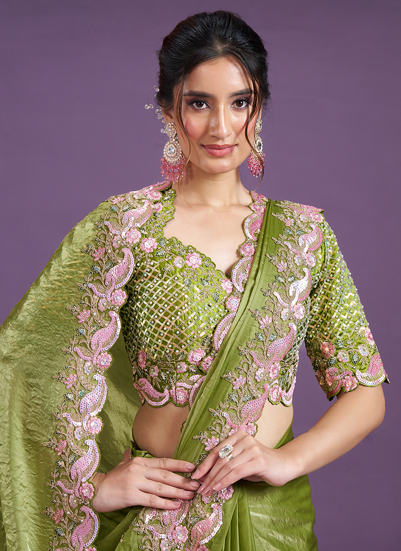 Buy Tone Satin Silk Lime Green Wedding Wear Moti Work Saree Online From ...