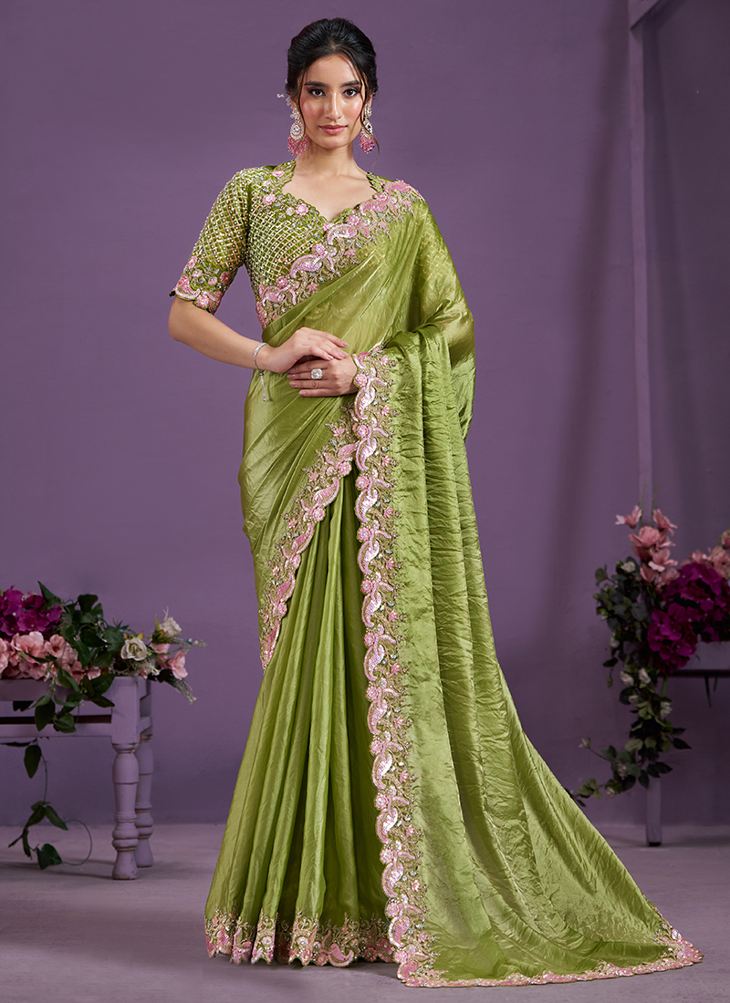 Buy Tone Satin Silk Lime Green Wedding Wear Moti Work Saree Online From ...