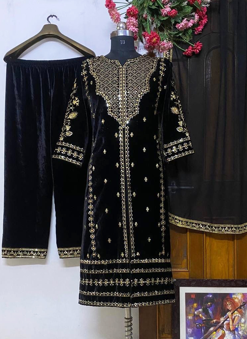 Buy Velvet Black Wedding Wear Embroidery Work Readymade Straight Suit ...