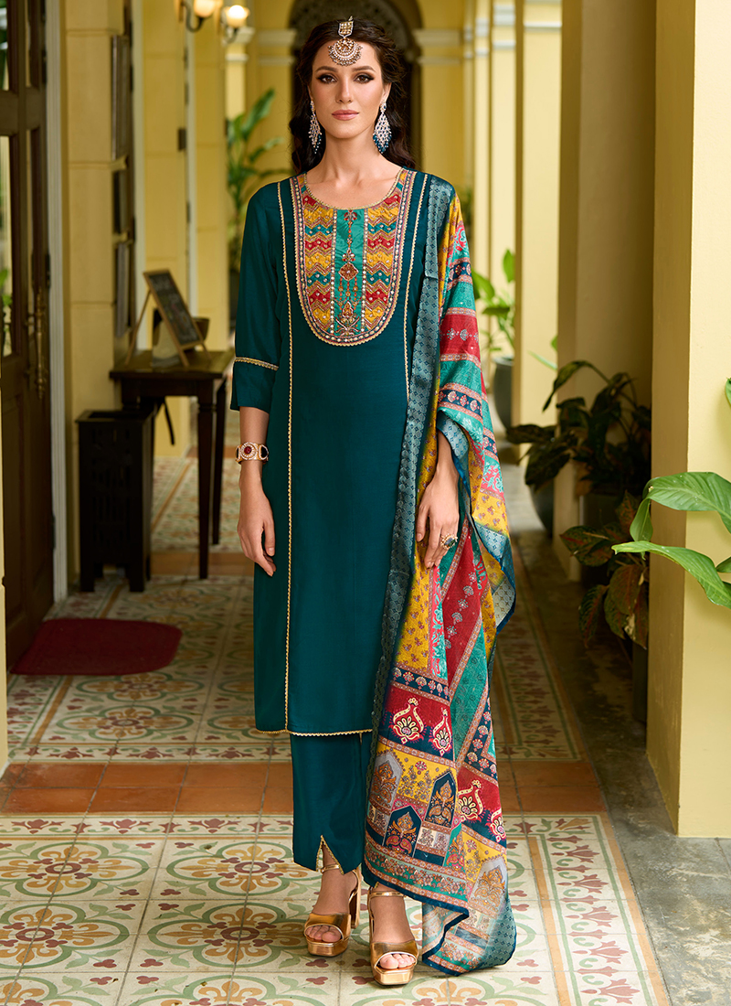 Buy Vichitra Silk Morpeach Traditional Wear Hand Work Readymade ...