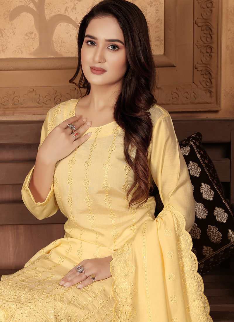 Buy Peri Chanderi Yellow Traditional Wear Embroidery Work Readymade ...