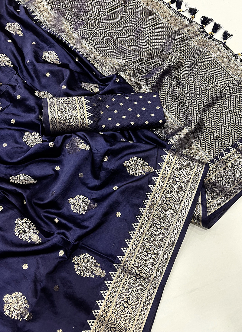 Buy Sattin Silk Navy Blue Wedding Wear Weaving Saree Online From ...