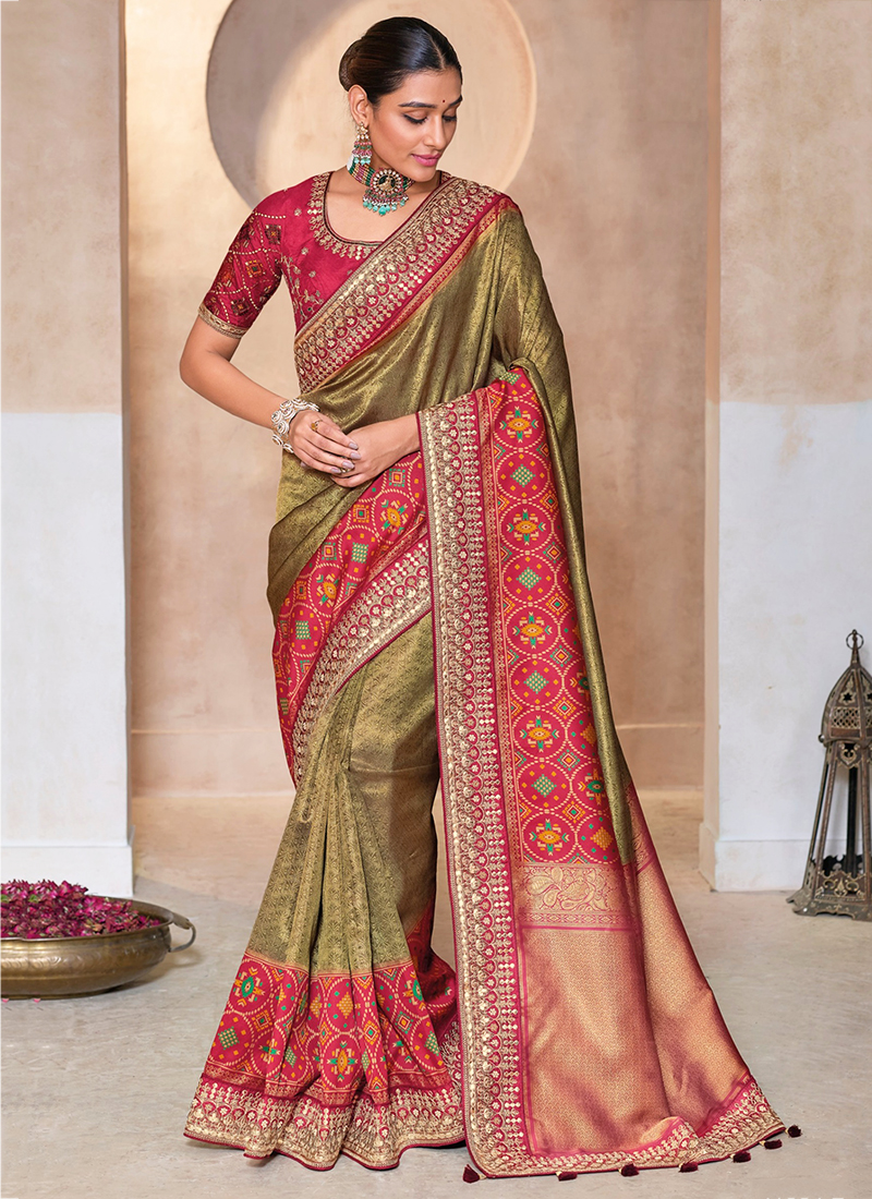 Buy Kanjivaram Silk Olive Green Wedding Wear Patola Panel Work Saree ...