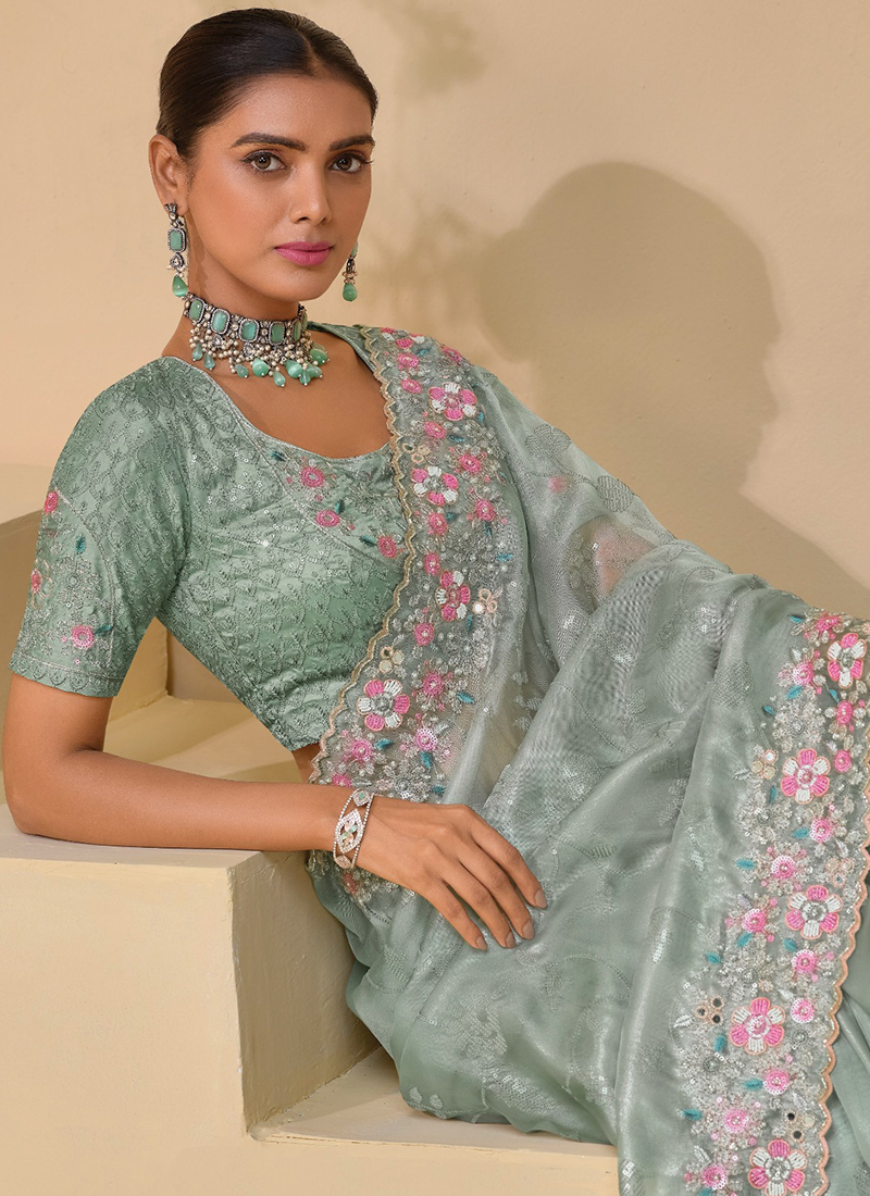 Buy Pure Silk Light Sky Blue Wedding Wear Moti Work Saree Online From ...