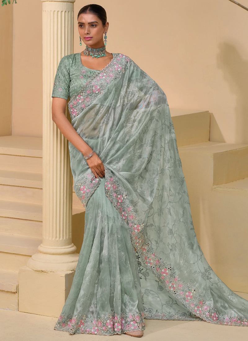 Buy Pure Silk Light Sky Blue Wedding Wear Moti Work Saree Online From ...